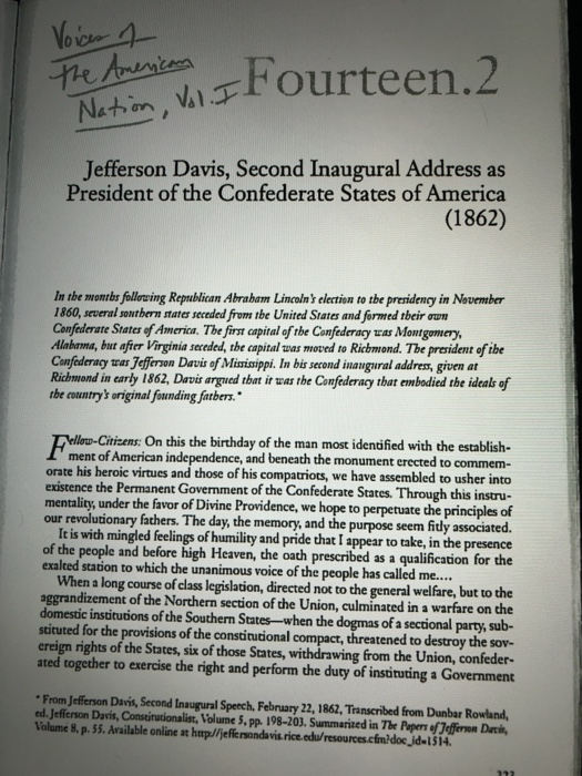 The question is, according to Jefferson Davis in his | Chegg.com