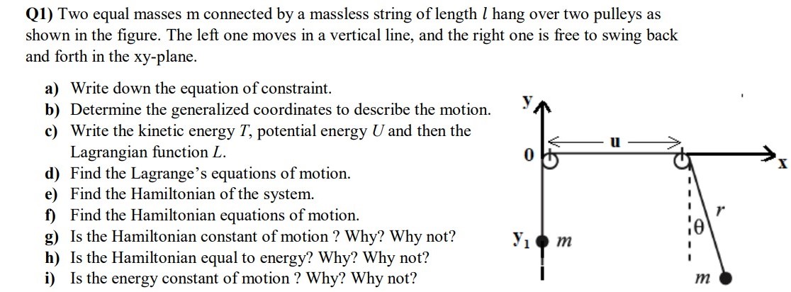 Q1) Two equal masses m connected by a massless string | Chegg.com