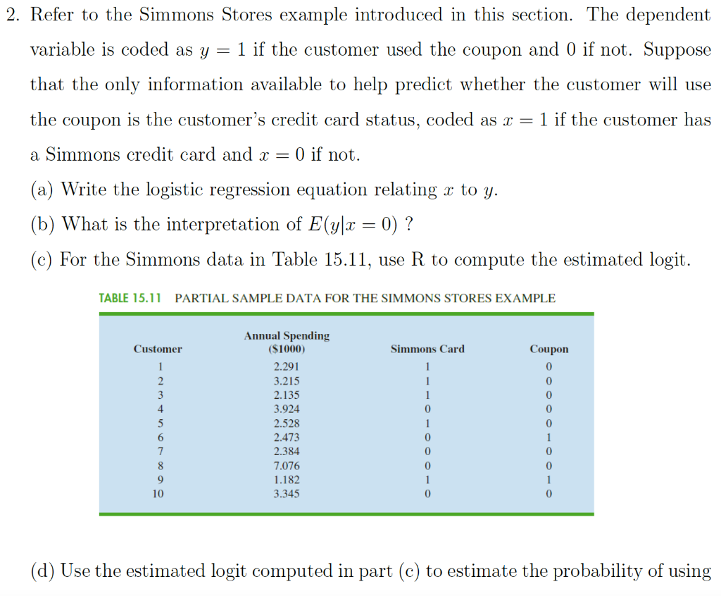 Solved 2. Refer to the Simmons Stores example introduced in | Chegg.com