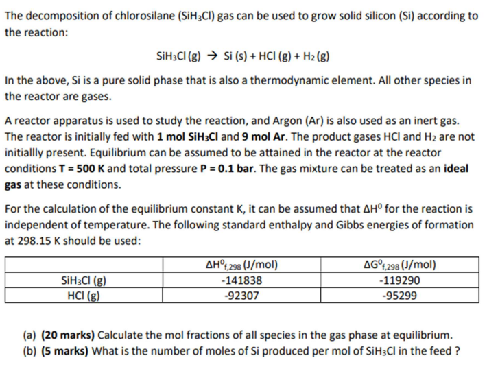 Solved The decomposition of chlorosilane (SiH3Cl) gas can be | Chegg.com
