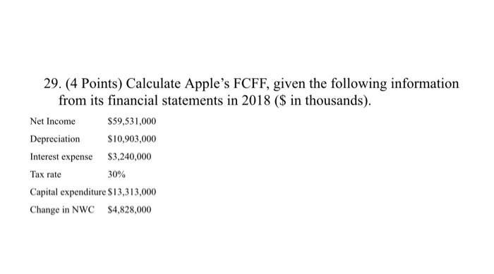 Solved 29. (4 Points) Calculate Apple's FCFF, given the | Chegg.com