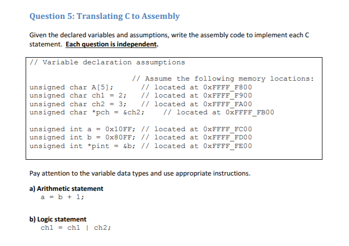 Question 5: Translating C to Assembly iven the | Chegg.com