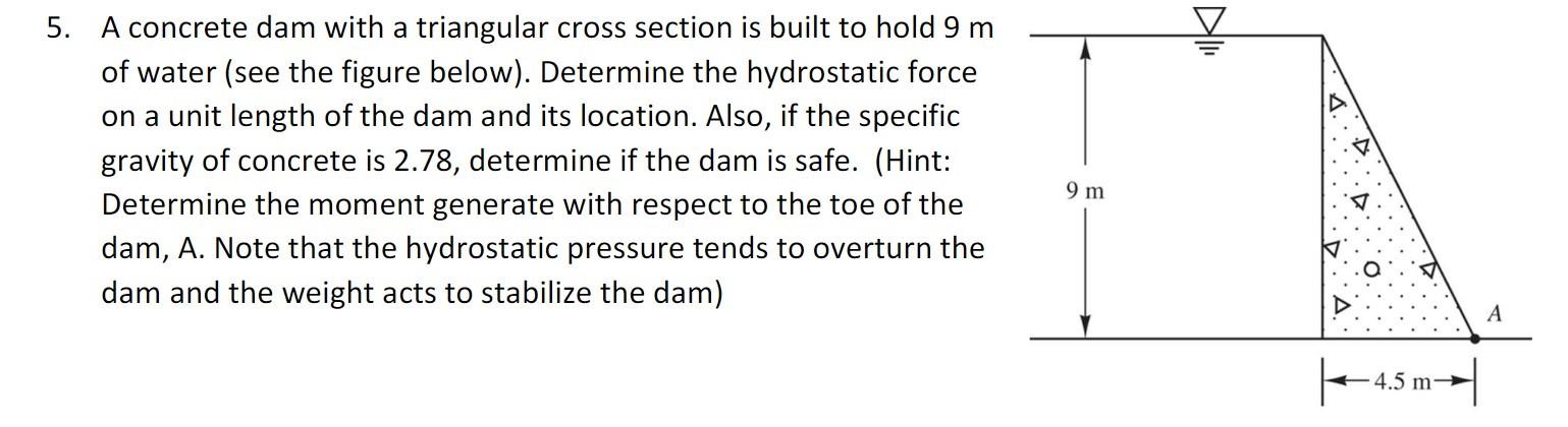 Solved 5. A concrete dam with a triangular cross section is | Chegg.com