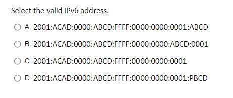 Solved Select the valid IPv6 address. O A. | Chegg.com
