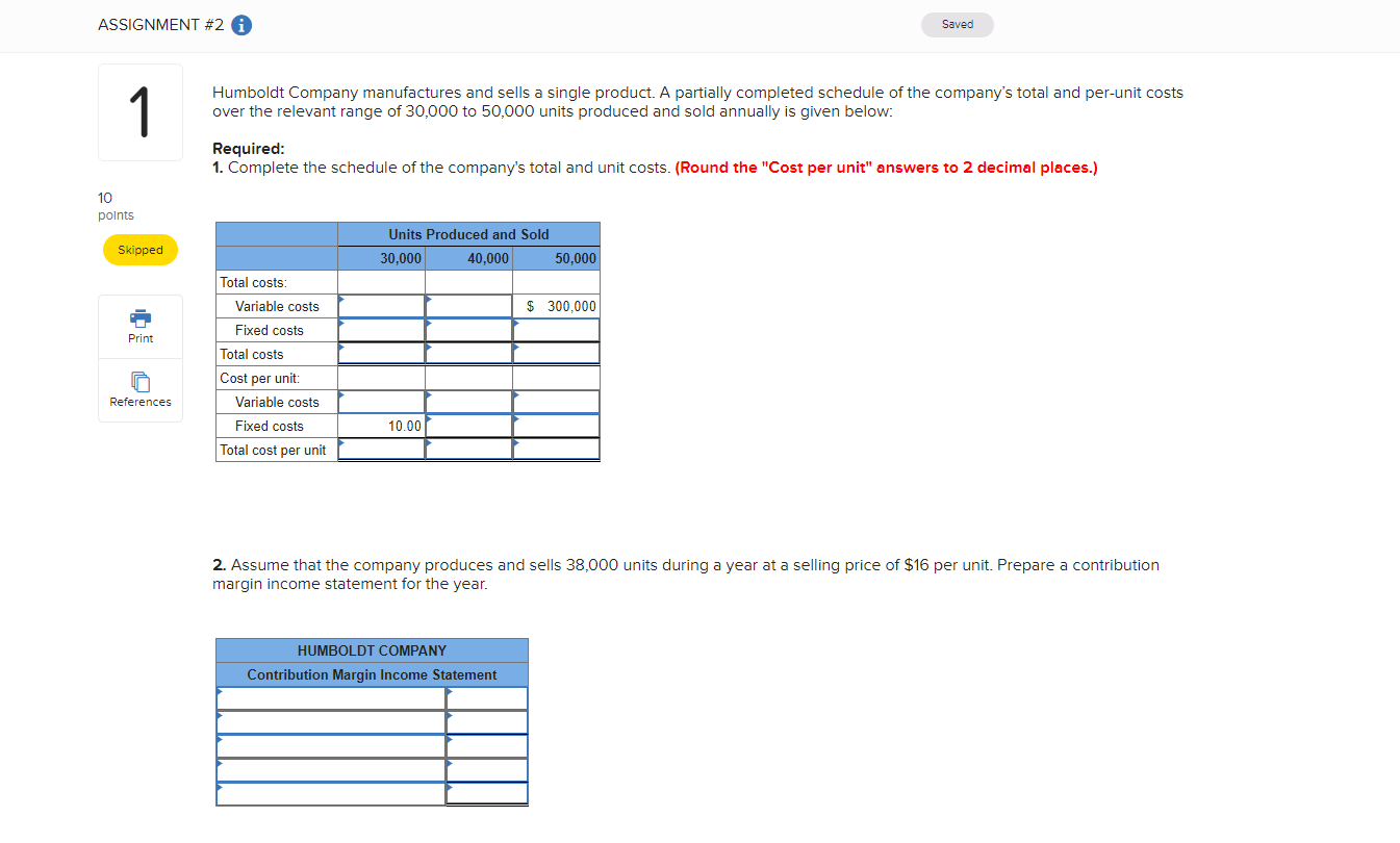 Solved ASSIGNMENT #2 i 1 10 points Humboldt Company | Chegg.com
