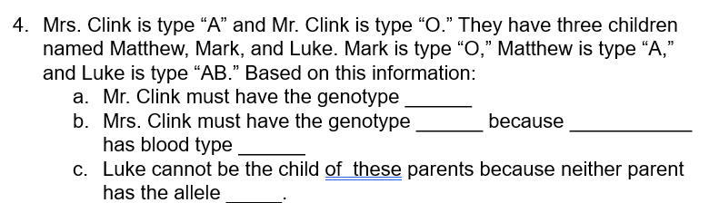 Solved 4. Mrs. Clink is type "A" and Mr. Clink is type "O." | Chegg.com