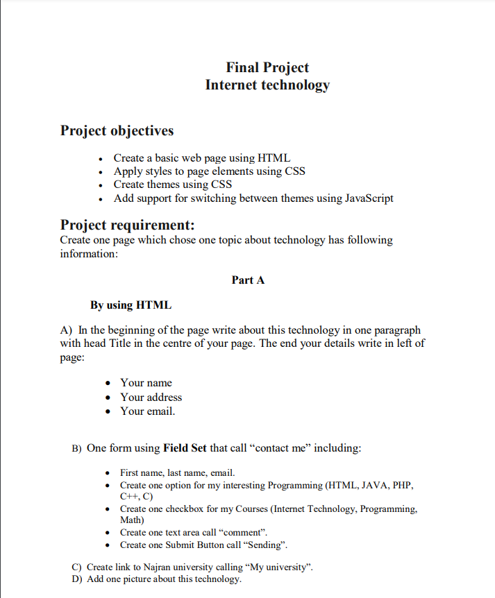 Solved Final Project Internet technology Project objectives | Chegg.com