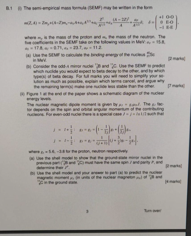 Solved B.1 () The semi-empirical mass formula (SEMF) may be | Chegg.com