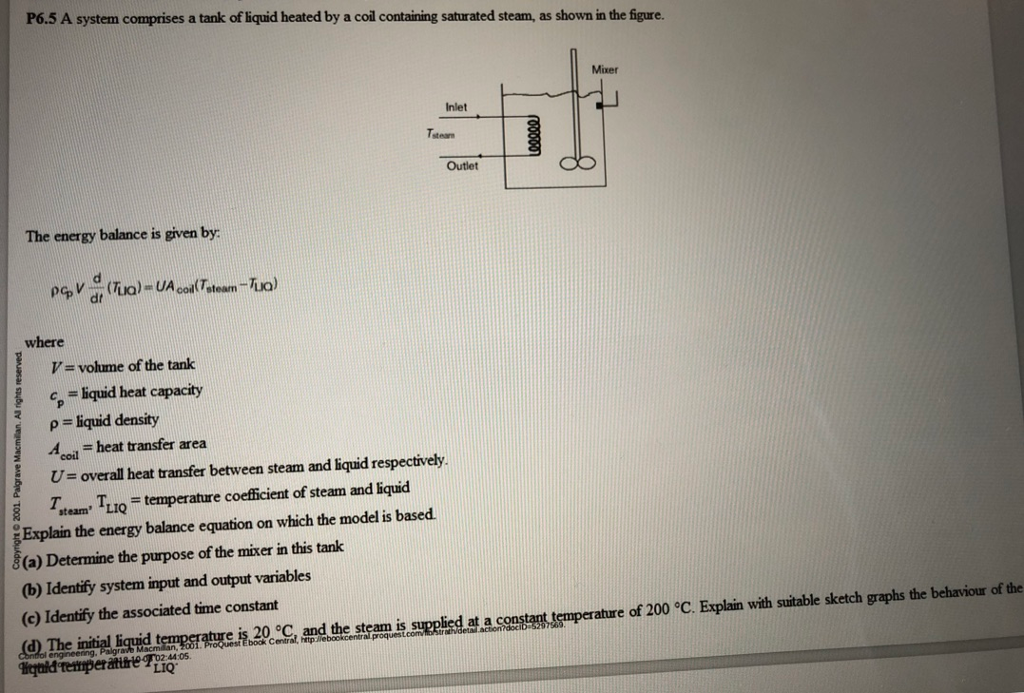 Solved P6.5 A system comprises a tank of liquid heated by a | Chegg.com