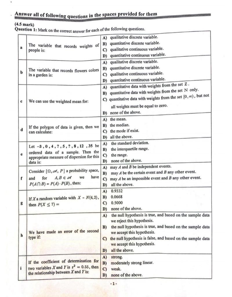 Solved Question 1: Mark on the correct answer for each of | Chegg.com