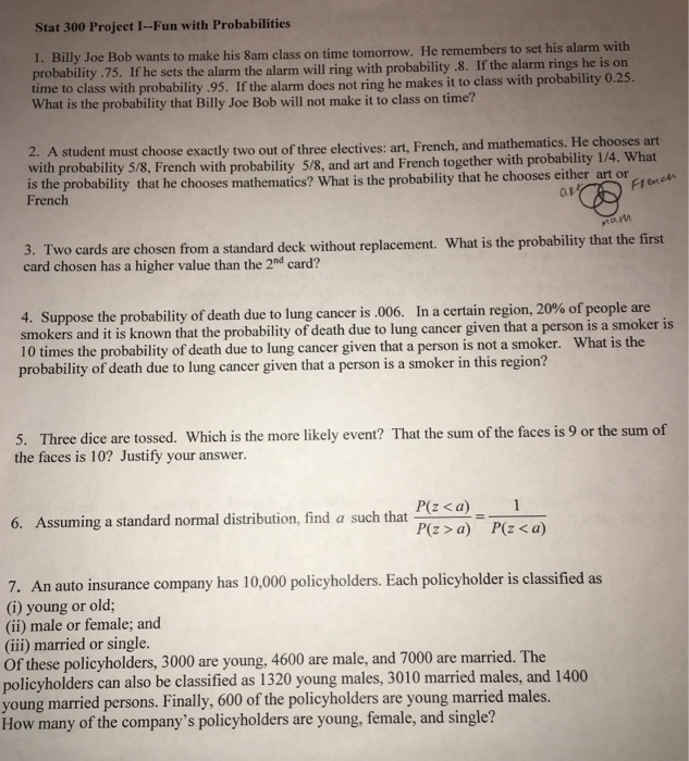 Solved Stat 300 Project I--Fun with Probabilities 1. Billy | Chegg.com