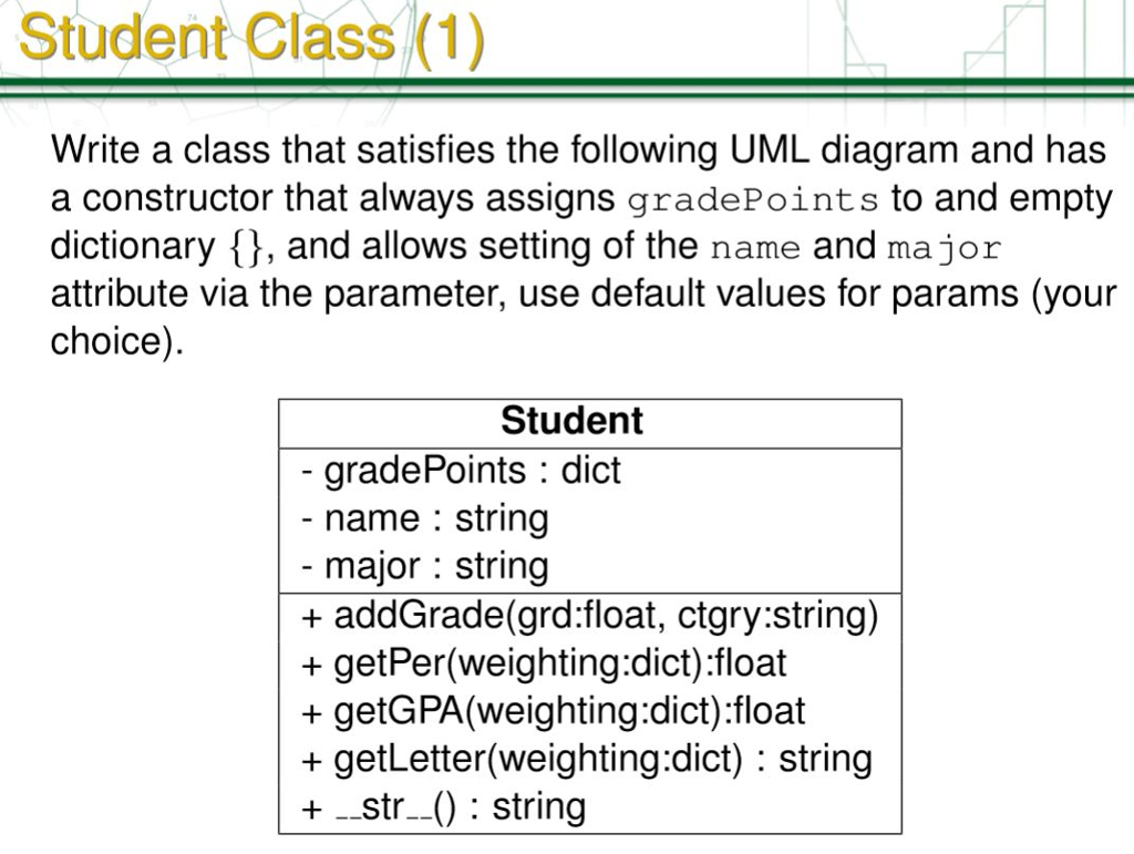 Student Class (1) Write a class that satisfies the | Chegg.com