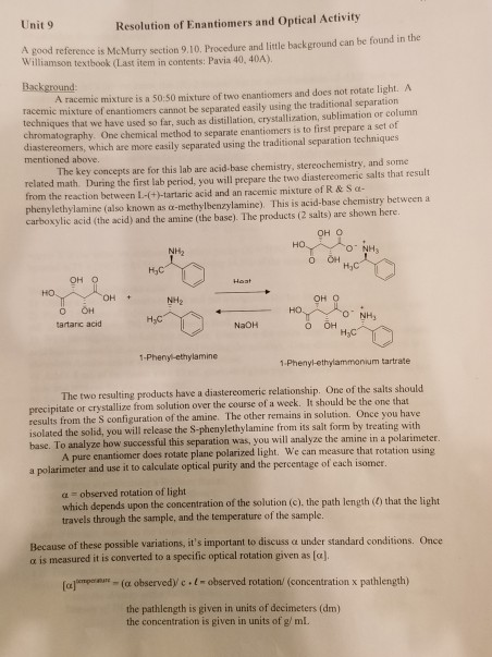 Unit 9 Resolution of Enantiomers and Optical Activity | Chegg.com