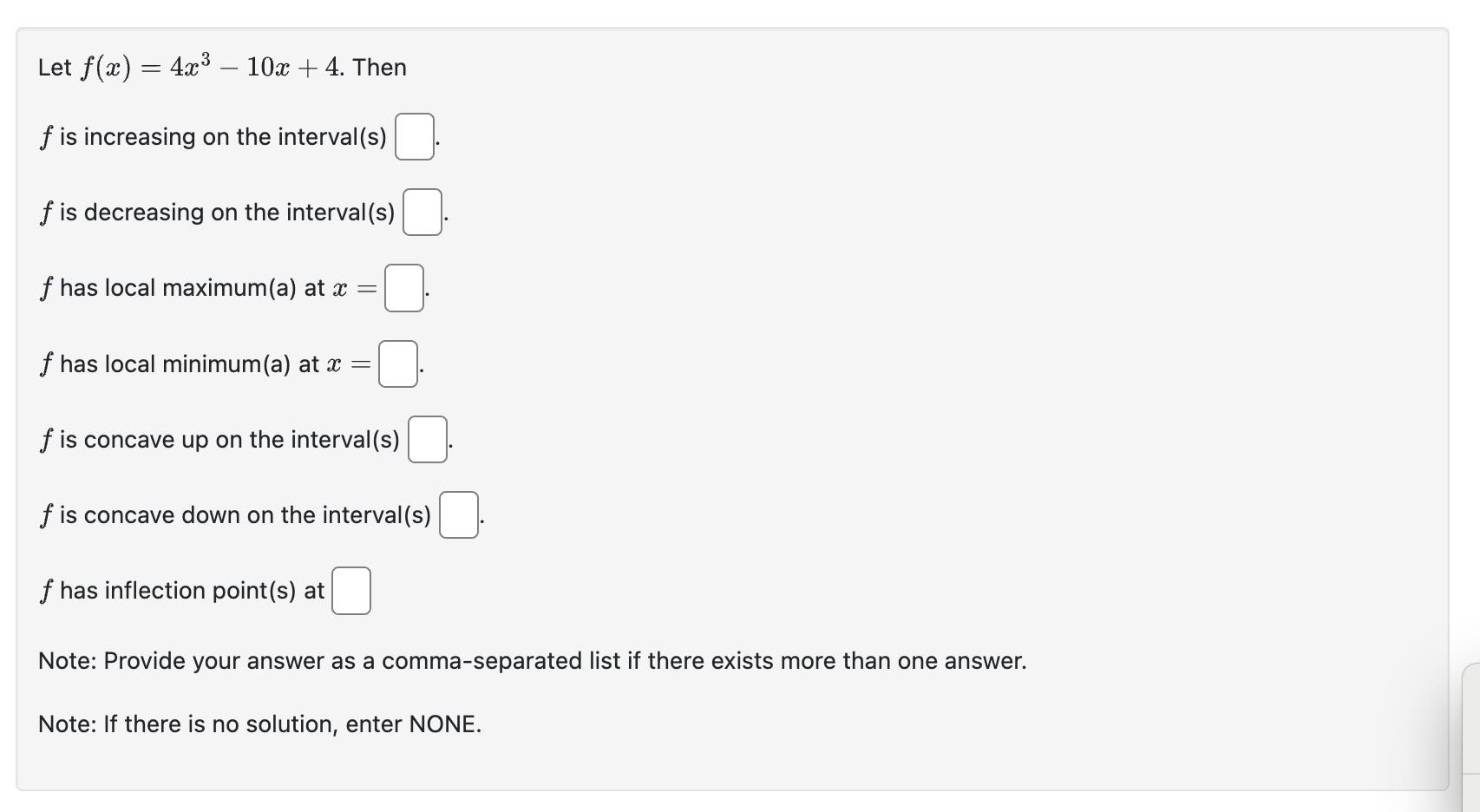 Solved Let f(x)=4x3−10x+4. Then f is increasing on the | Chegg.com