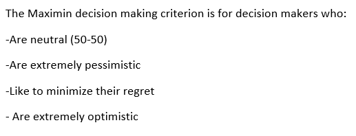 Solved The Maximin decision making criterion is for decision | Chegg.com