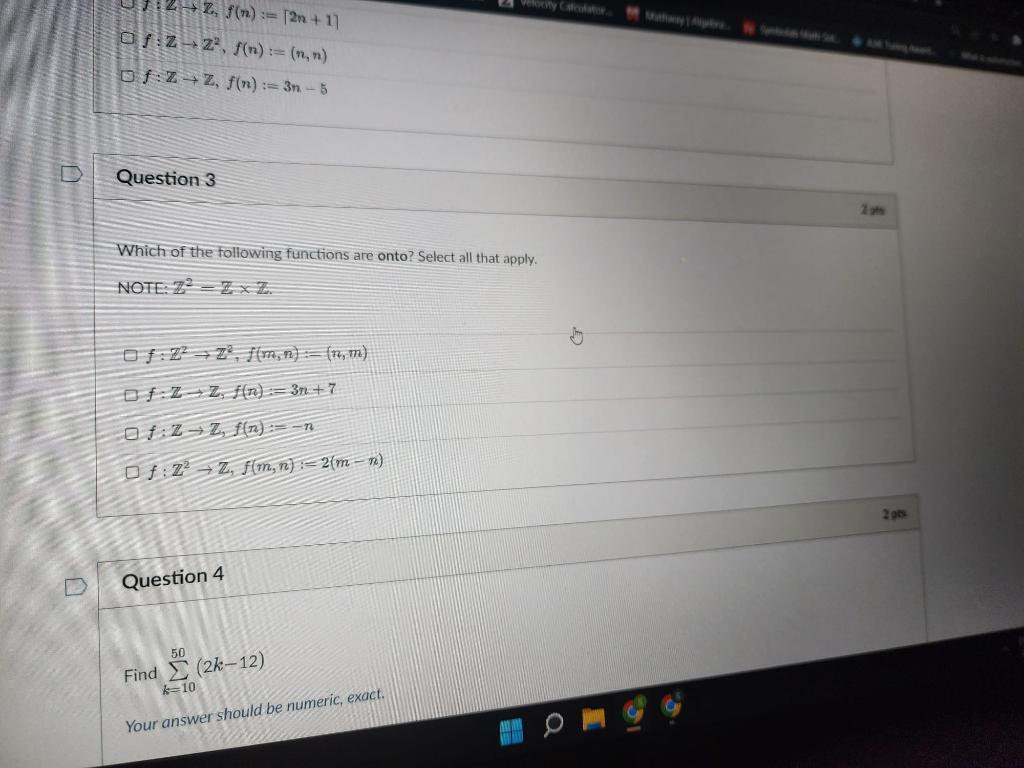 Solved f:Z→Z,f(n):=[2n+1] f:Z→Z2,f(n):=(n,n) | Chegg.com