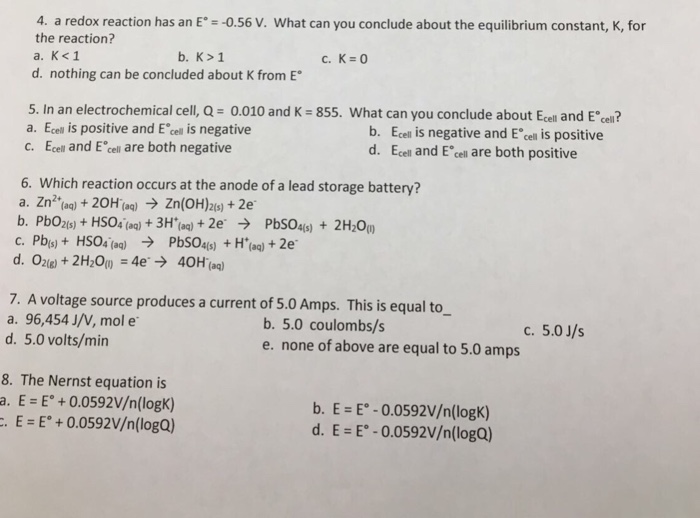 Solved 4. a redox reaction has an E--0.56 V. What can you | Chegg.com