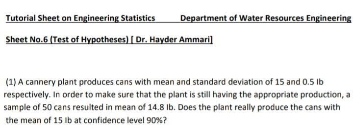 Solved Tutorial Sheet on Engineering Statistics Department | Chegg.com