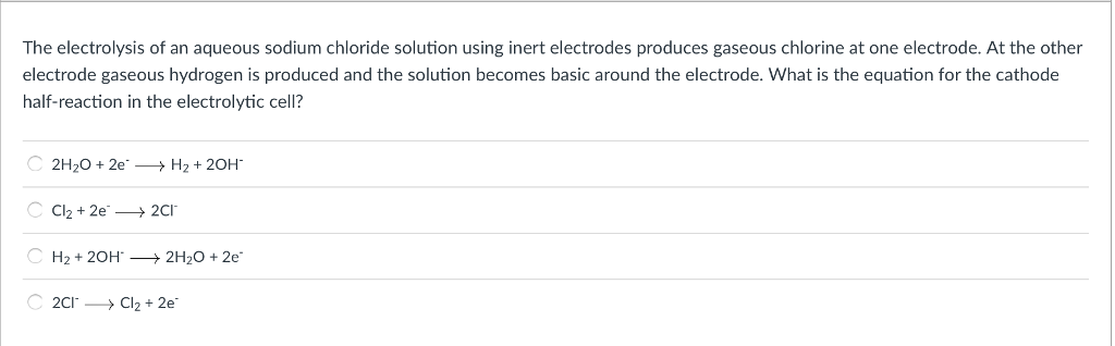 Solved The electrolysis of an aqueous sodium chloride | Chegg.com
