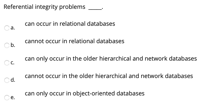 Solved Referential integrity problems can occur in | Chegg.com