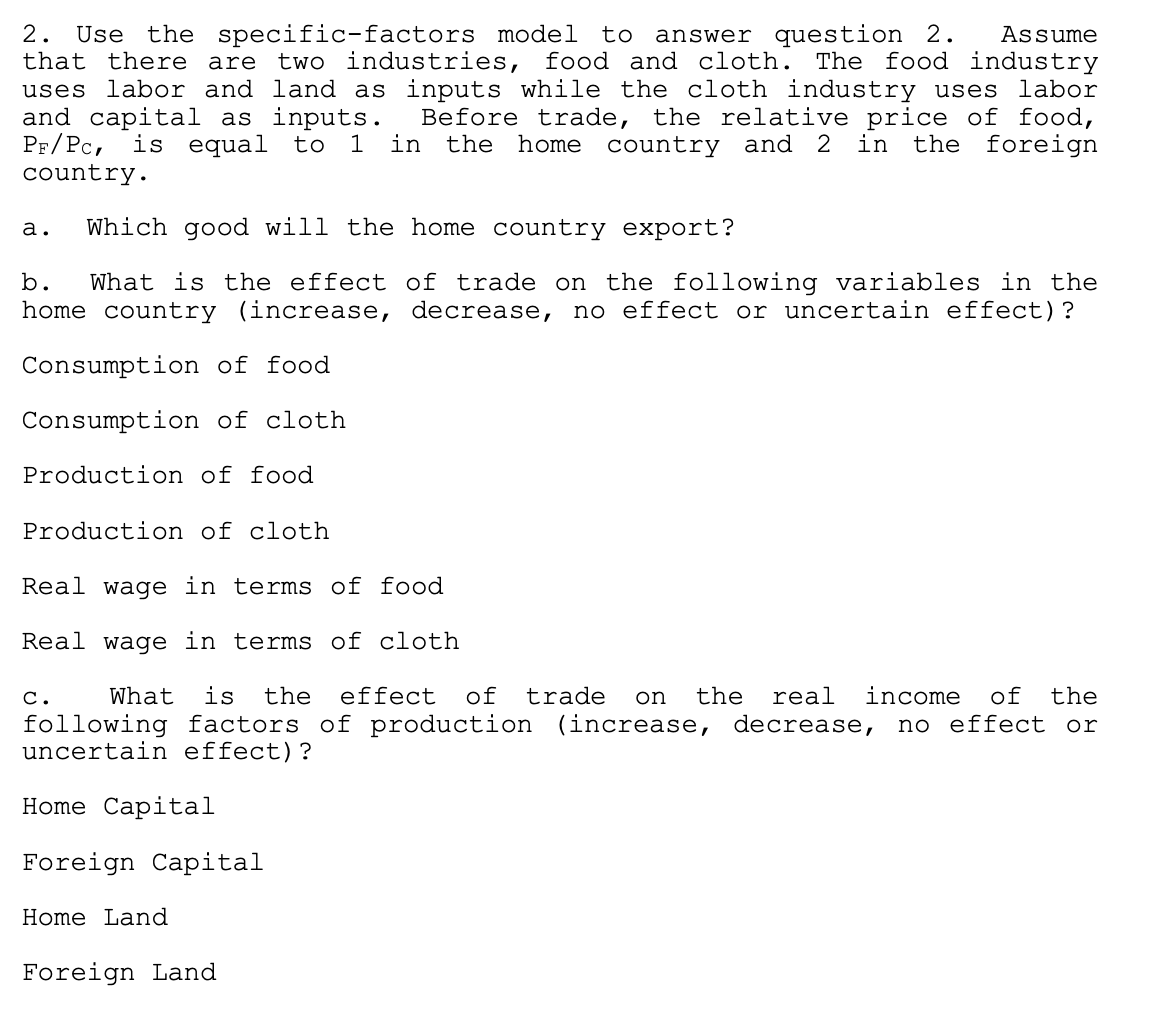 Solved 2 Use The Specific Factors Model To Answer Question