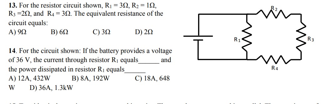 Solved 13. For the resistor circuit shown, R1=3Ω,R2=1Ω, | Chegg.com