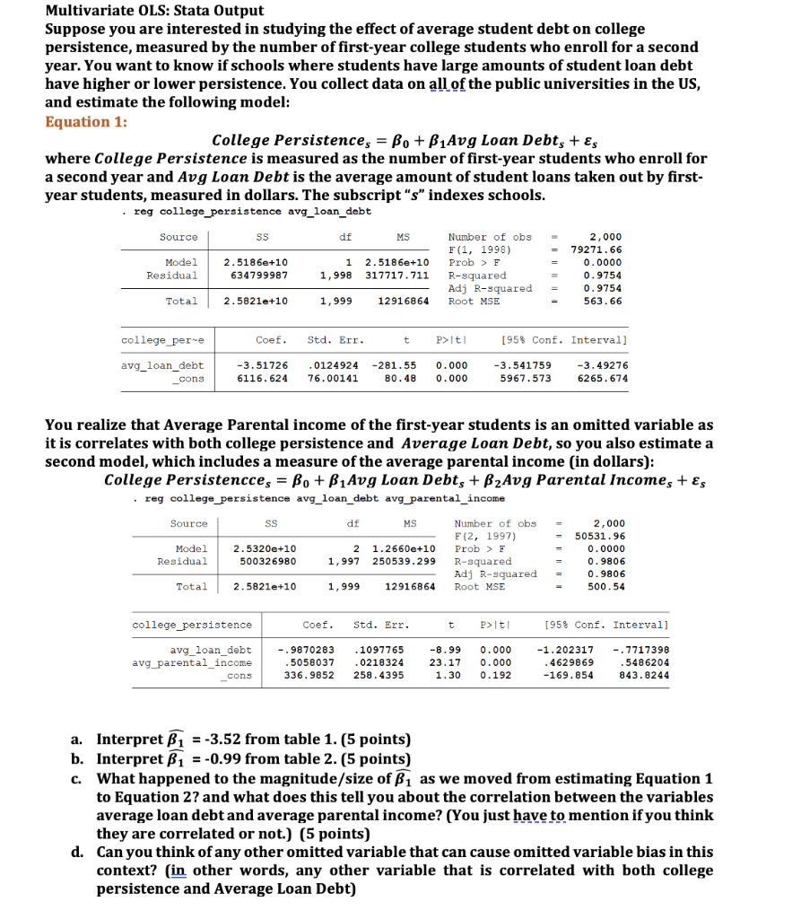 Solved Multivariate OLS: Stata Output Suppose you are | Chegg.com