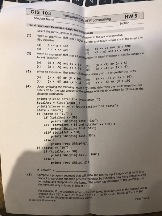 Solved HW 5 CIS 103 Fundamenta Student Name Part 4 Textbook | Chegg.com