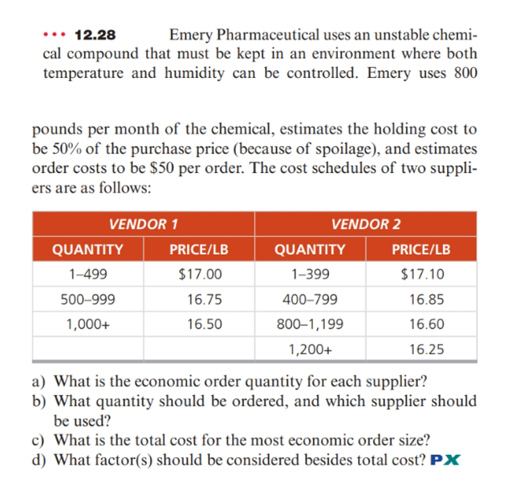 Solved -. 12.28 Emery Pharmaceutical uses an unstable | Chegg.com