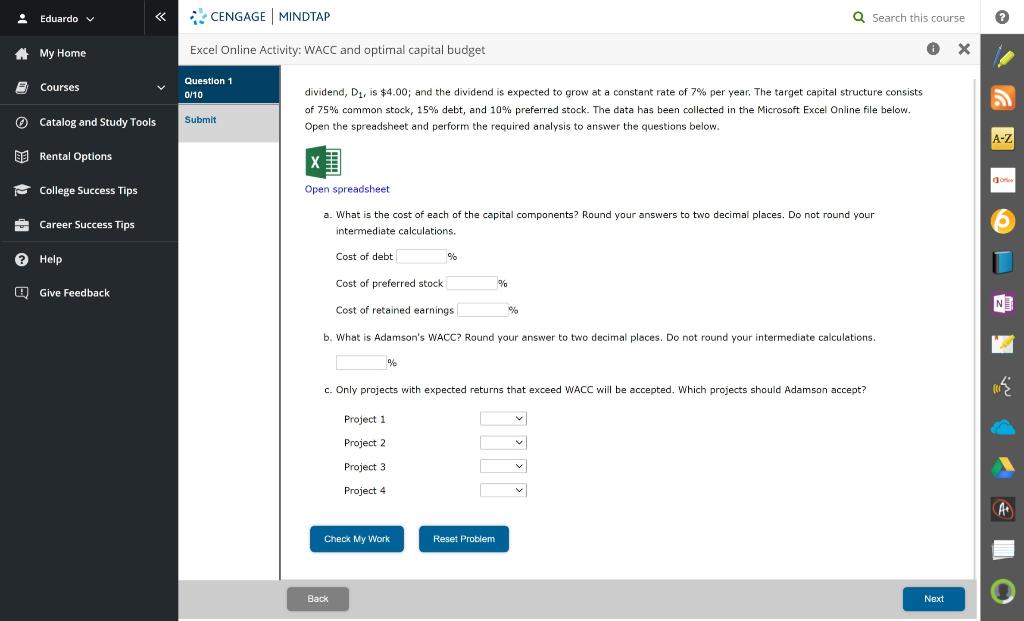 : Eduardo V CENGAGE MINDTAP Q Search this course * My | Chegg.com