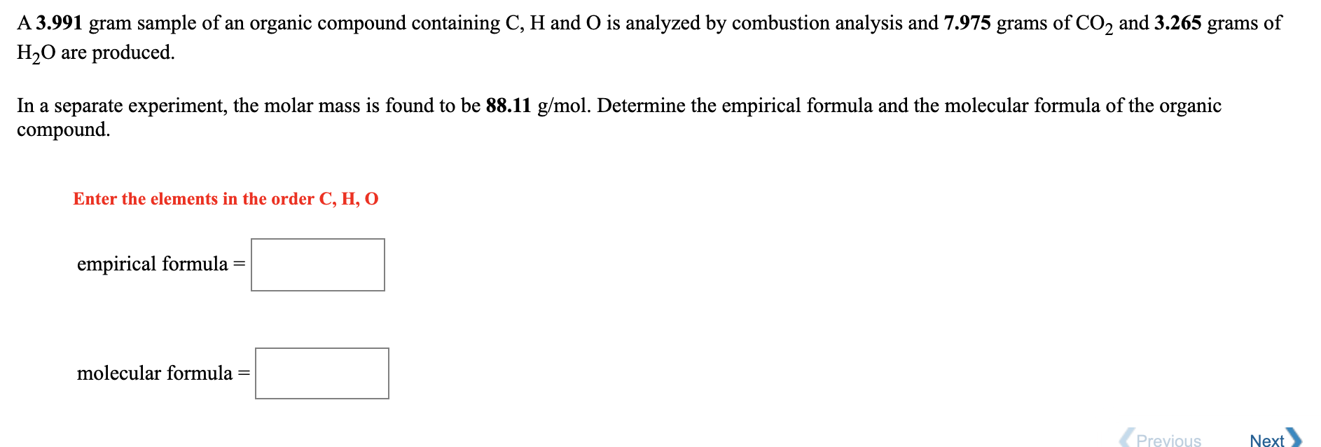 Solved A 3.991 gram sample of an organic compound | Chegg.com