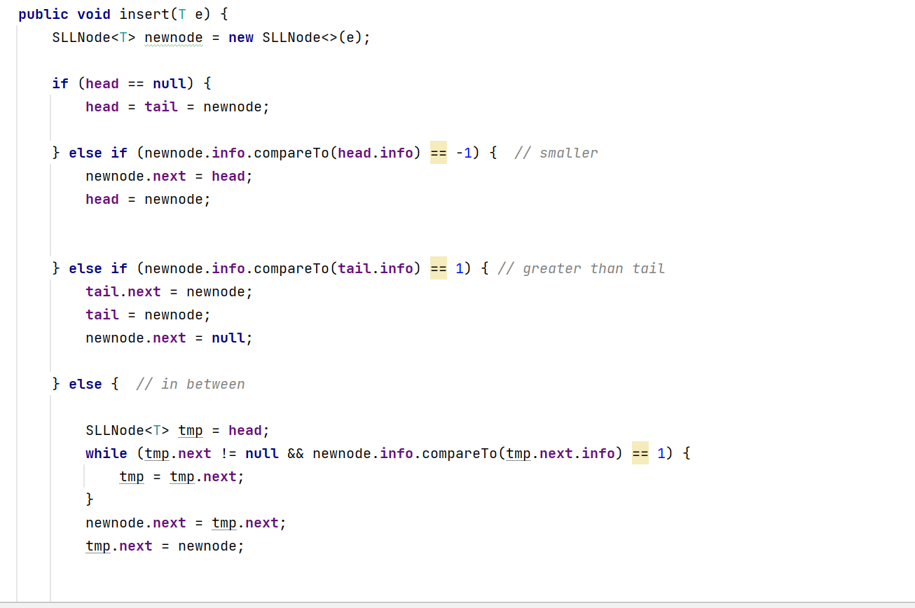 Solved ublic void insert (T e) \{ SLLNode newnode = new | Chegg.com