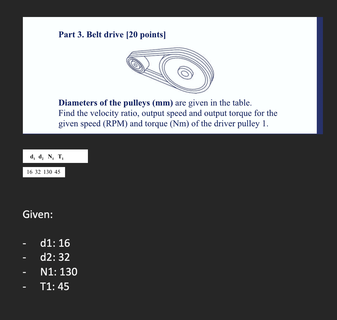 Solved Part 3. Belt drive [20 points] Diameters of the | Chegg.com