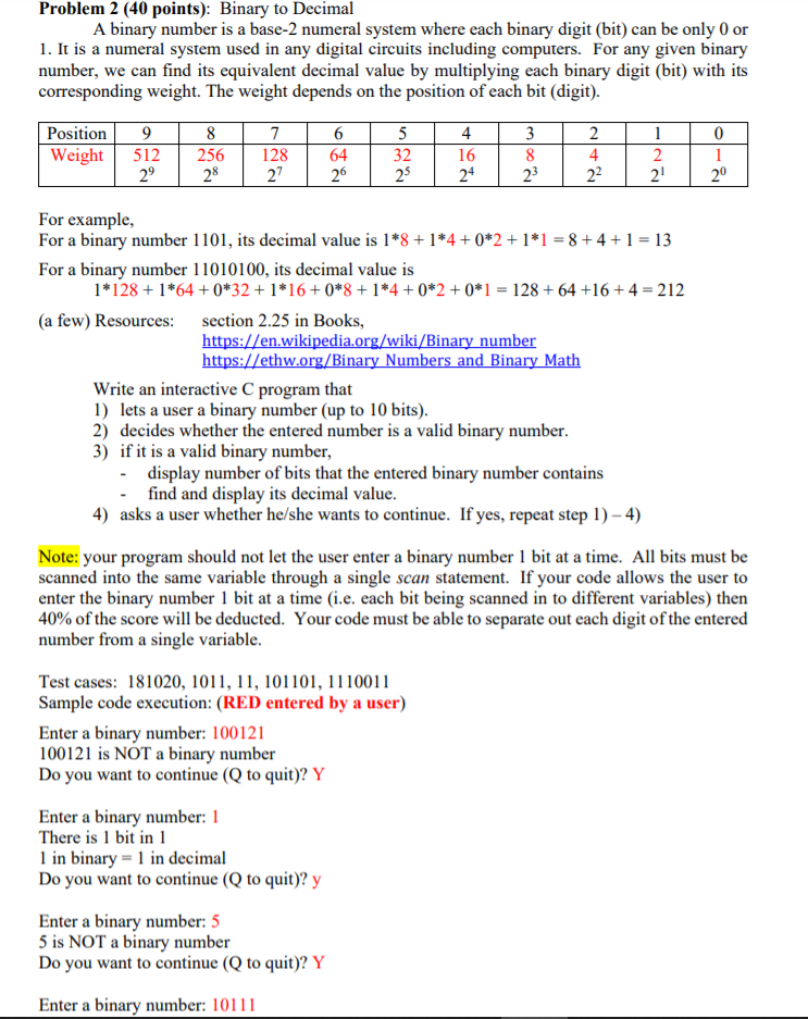Solved Problem 2 (40 points): Binary to Decimal A binary | Chegg.com