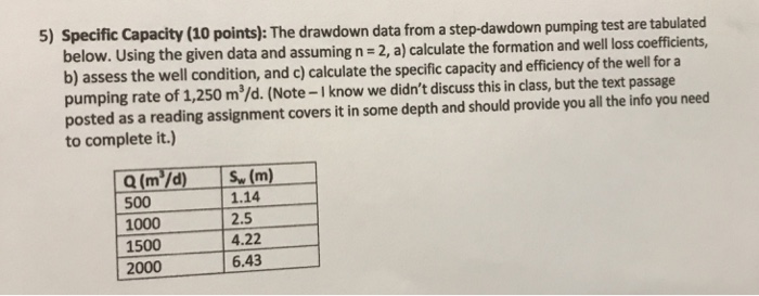 Solved 5) Specific Capacity (10 points): The drawdown data | Chegg.com
