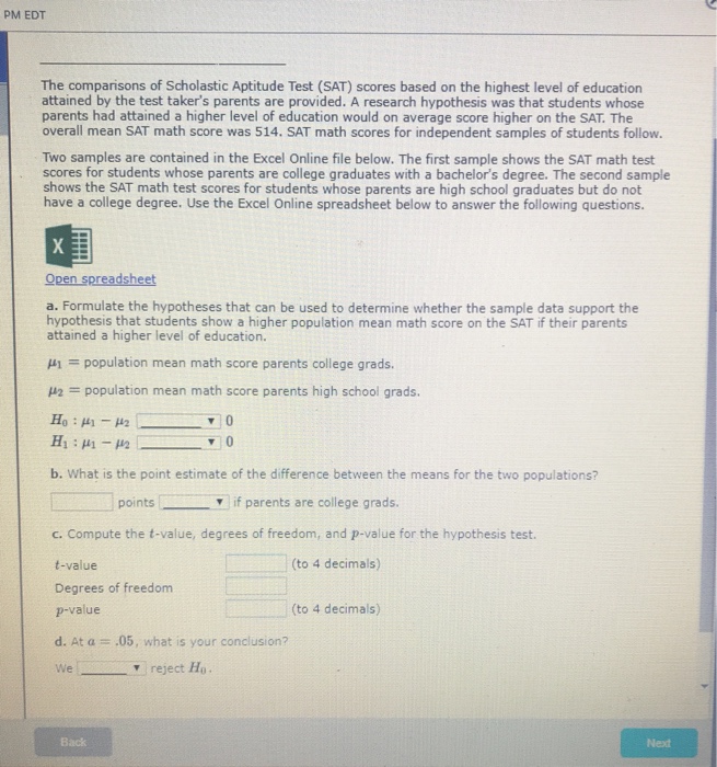Solved PM EDT The comparisons of Scholastic Aptitude Test | Chegg.com