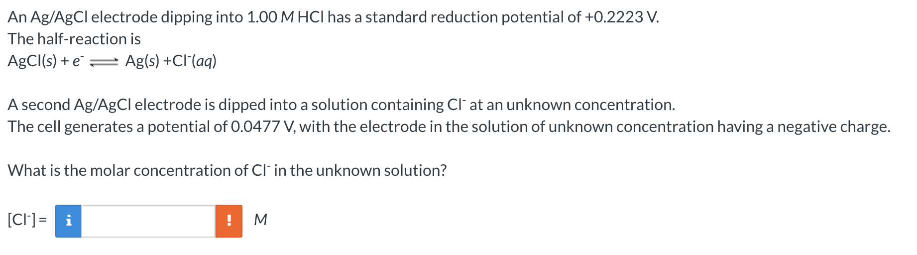 Solved An Ag/AgCl electrode dipping into 1.00 M HCl has a | Chegg.com