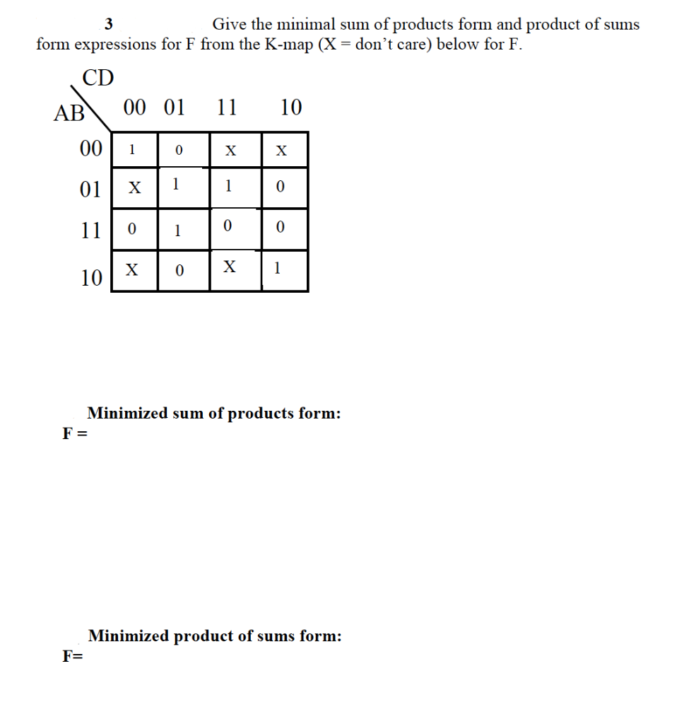 Solved 3 Give the minimal sum of products form and product | Chegg.com
