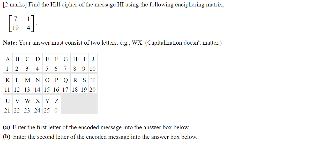 Solved [2 marks Find the Hill cipher of the message HI using | Chegg.com