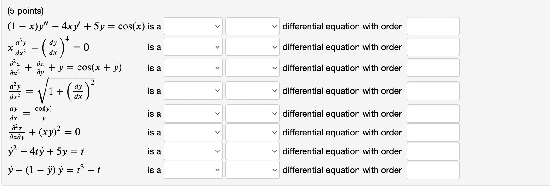 Solved (5 points) (1−x)y′′−4xy′+5y=cos(x) is a differential | Chegg.com
