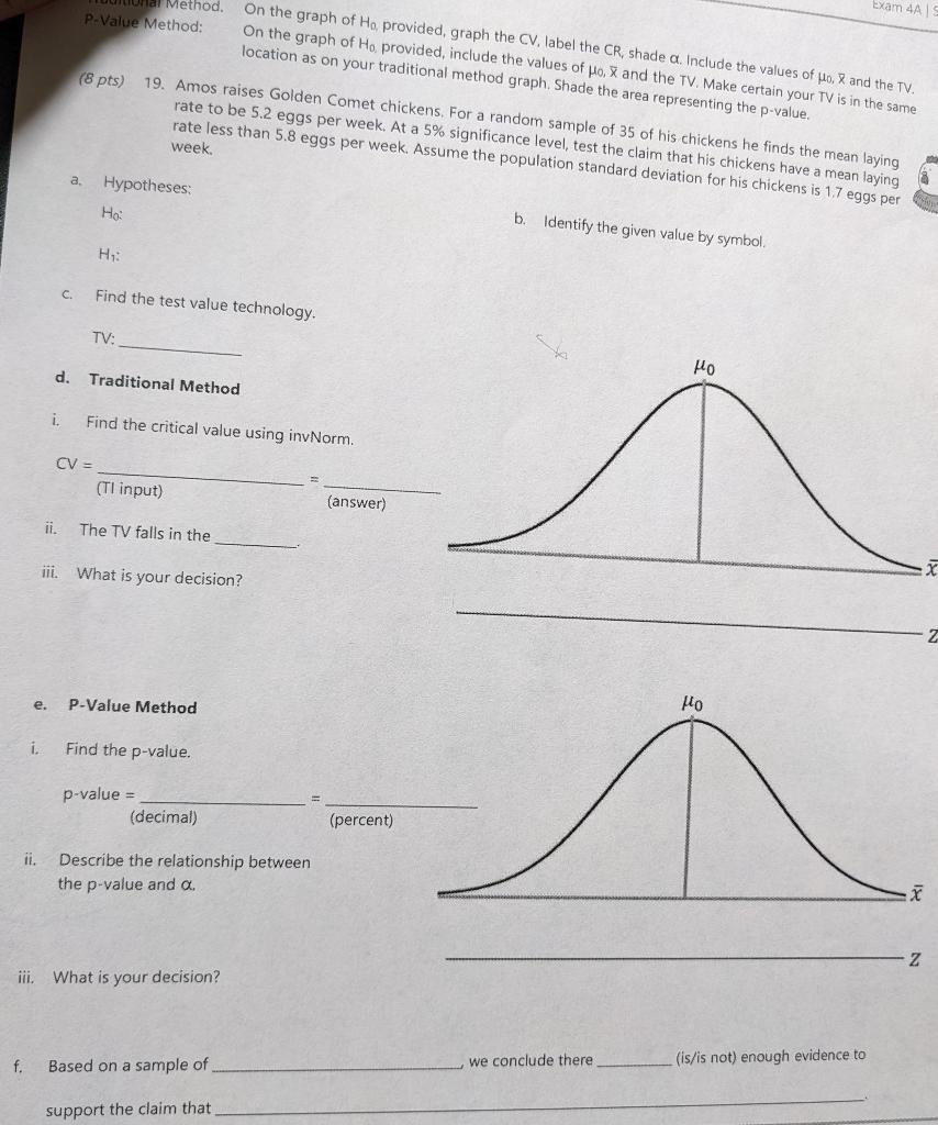 Solved Method. P-Value Method: Exam 4A On the graph of Ho | Chegg.com