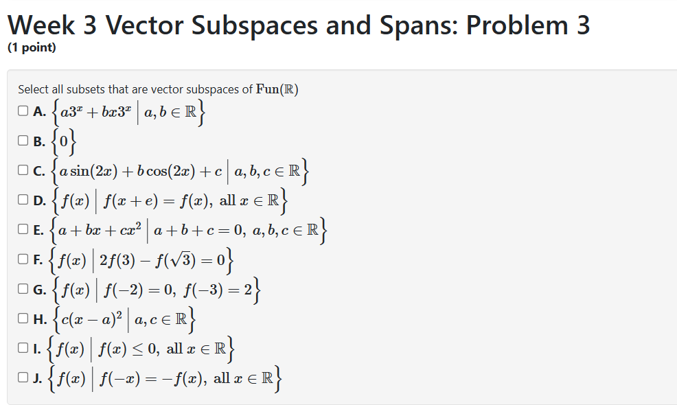 Solved Week 3 Vector Subspaces and Spans: Problem 3 (1 | Chegg.com