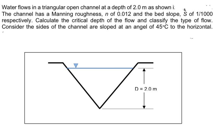Solved Water flows in a triangular open channel at a depth | Chegg.com
