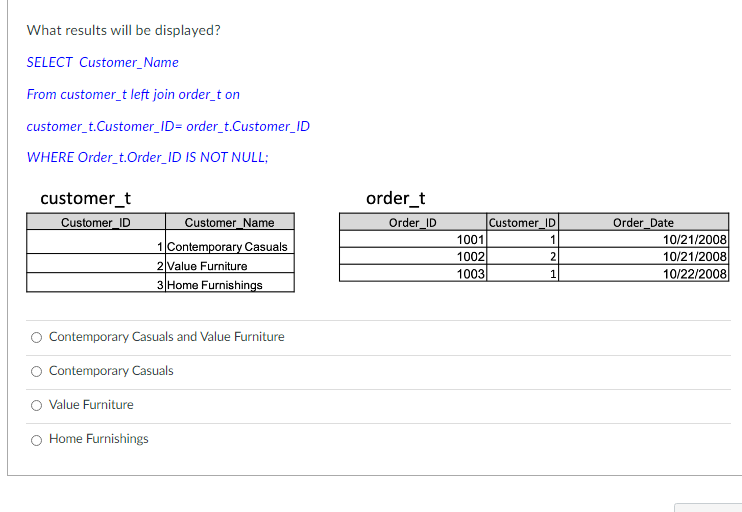 Solved What results will be displayed? SELECT Customer_Name | Chegg.com