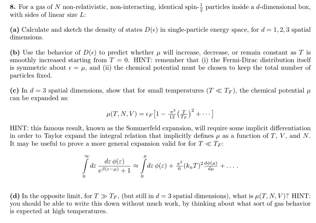 Solved 8. For a gas of N non-relativistic, non-interacting, | Chegg.com