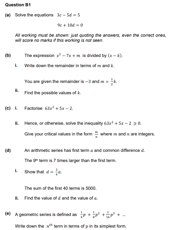 Solved Question B1 (a) Solve the equations 3c-5d = 5 9c + | Chegg.com
