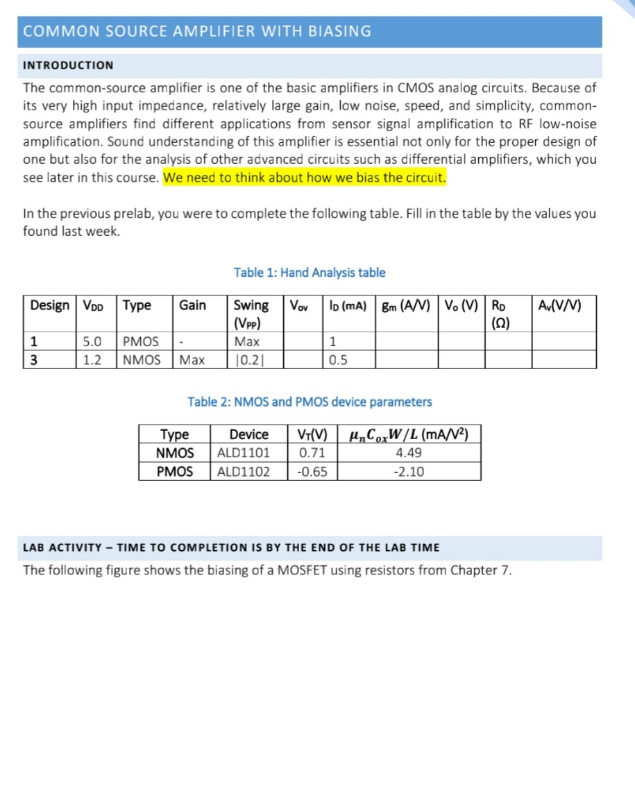 Solved COMMON SOURCE AMPLIFIER WITH BIASING INTRODUCTION The | Chegg.com