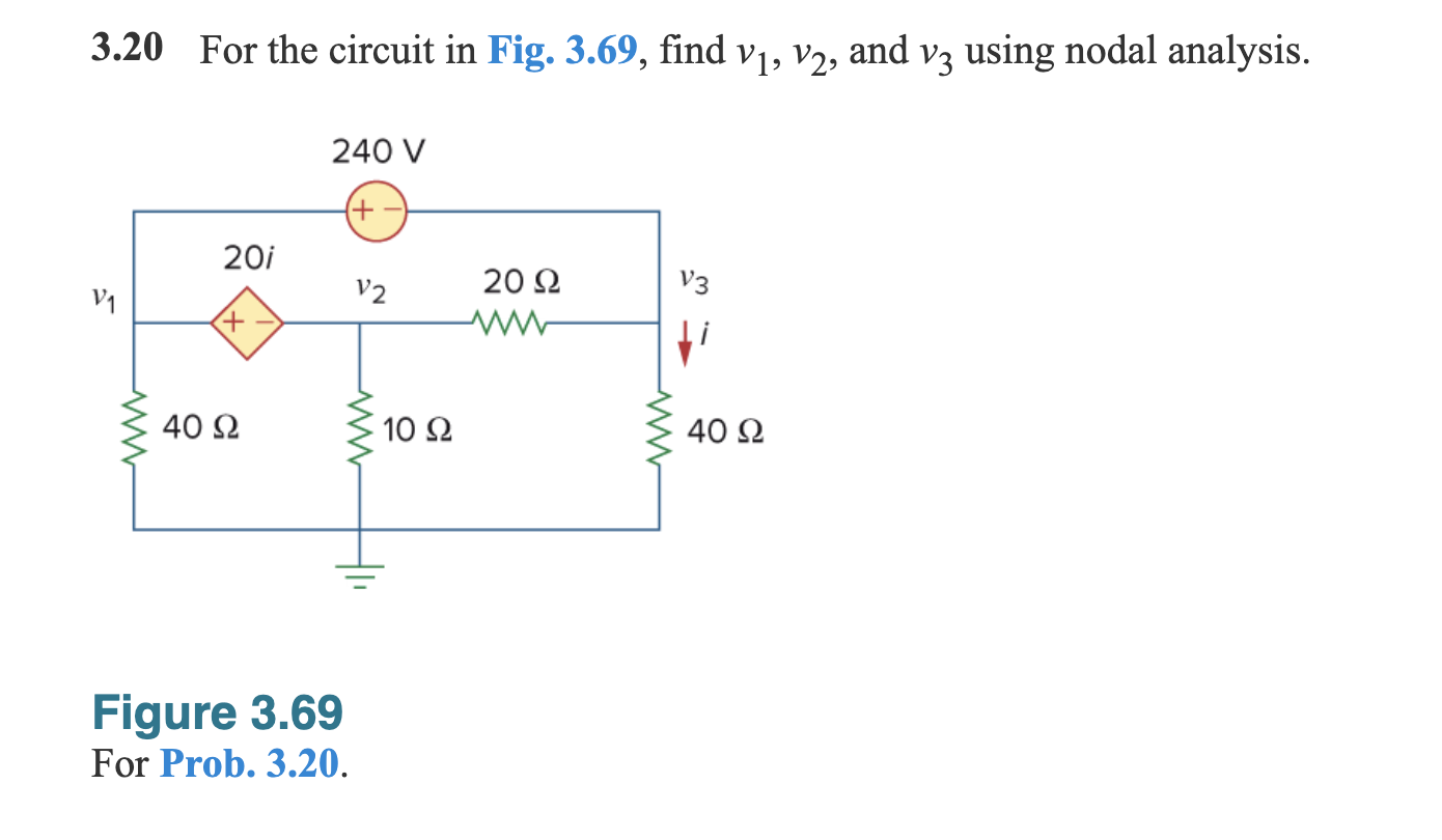 Solved 3.20 For the circuit in Fig. 3.69, find V1, V2, and | Chegg.com