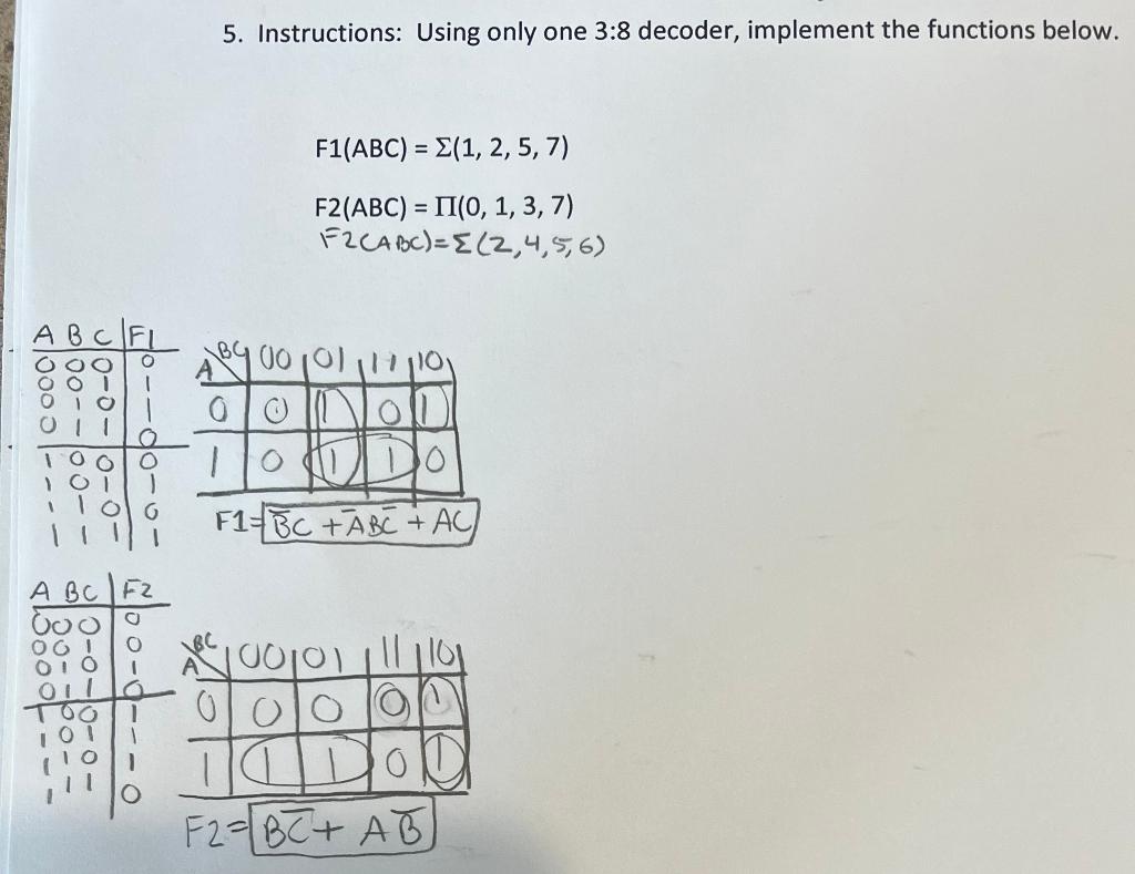 Solved 5. Instructions: Using only one 3:8 decoder, | Chegg.com