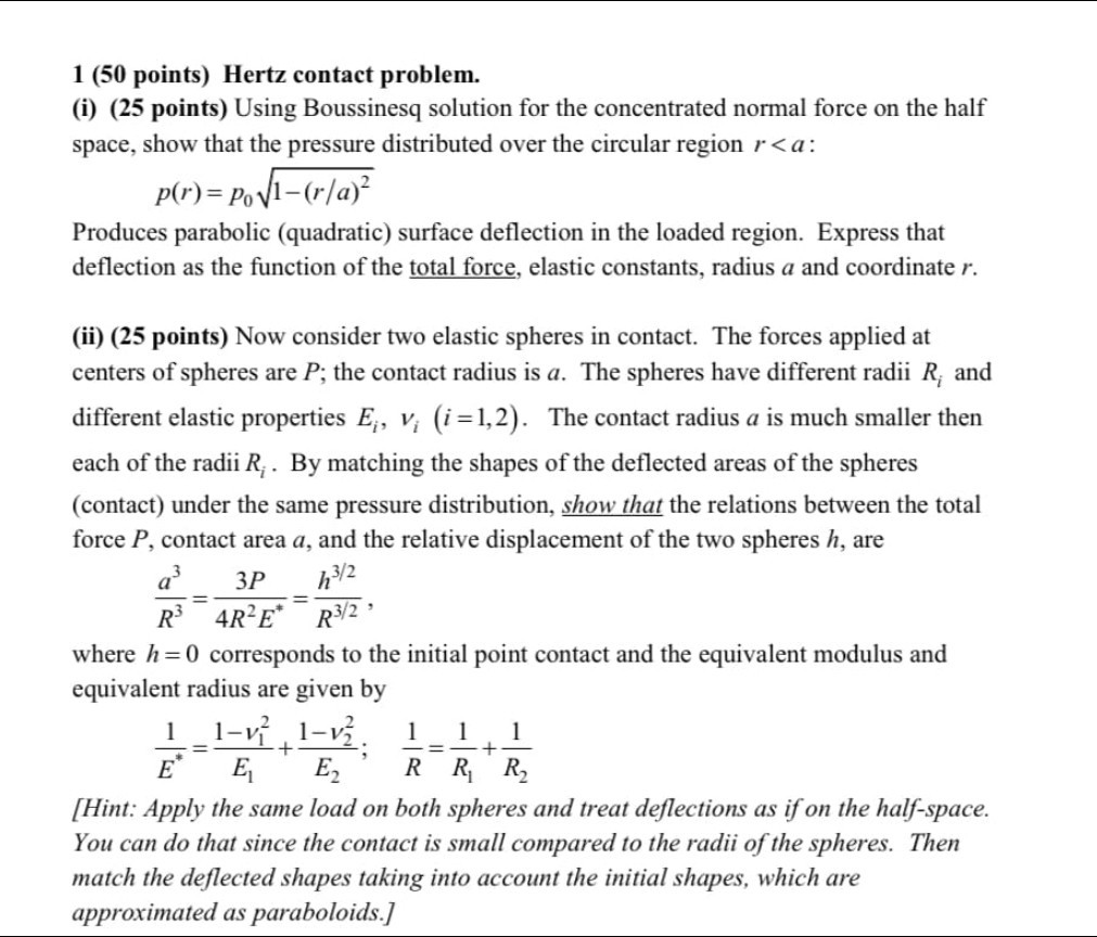 Solved 1 (50 points) Hertz contact problem. (i) (25 points) | Chegg.com